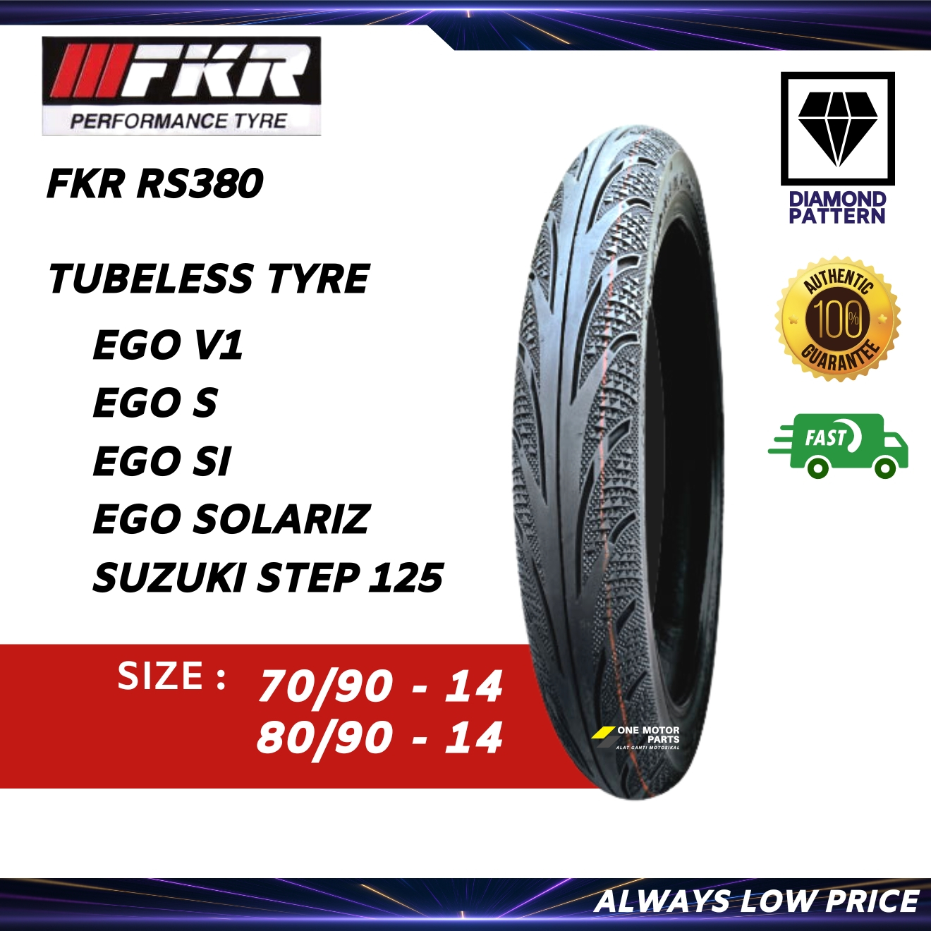 Tayar Tanpa Tuib Skuter FKR RS380 Tubeless Tyre Scooter Yamaha Ego ...