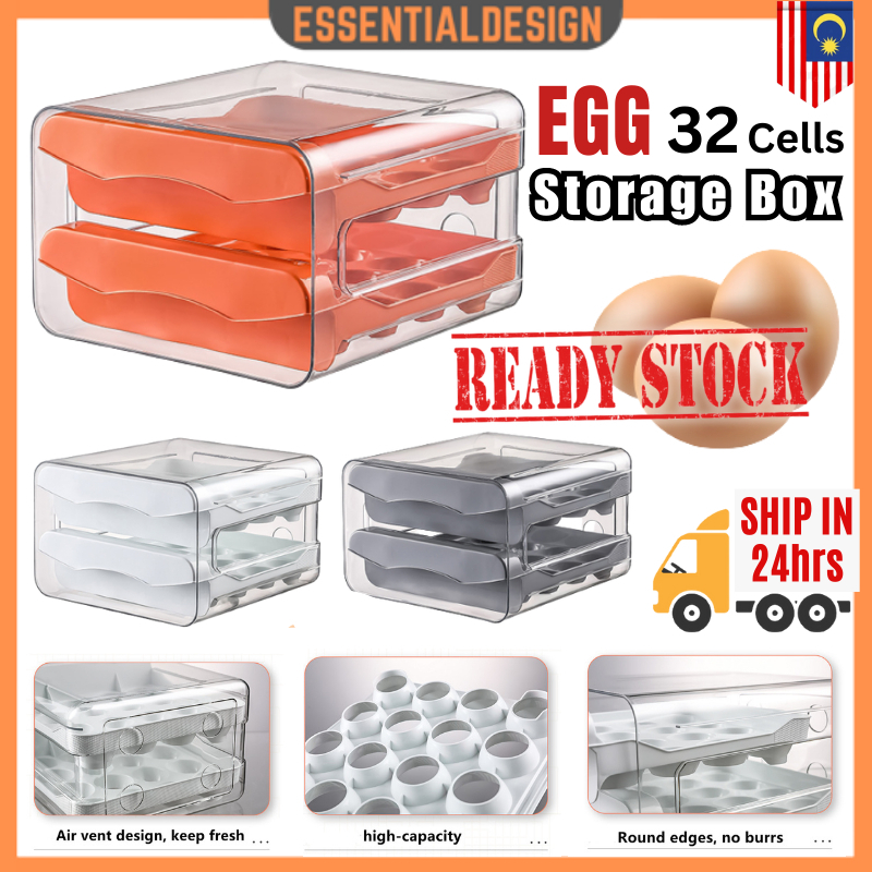 24hr🚚 32 Grid Double Layer Egg Storage Container Stackable Egg Drawer Egg Holder Box Organizer ...