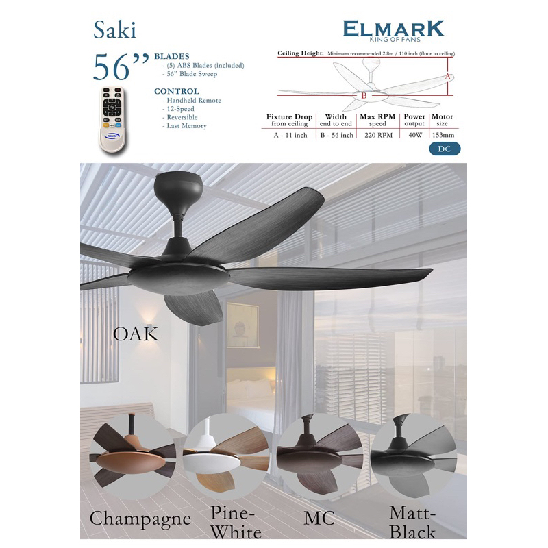 (New) Elmark Saki Ceiling Fan 56/42 inch Remote Control (DC Motor) 5 ...