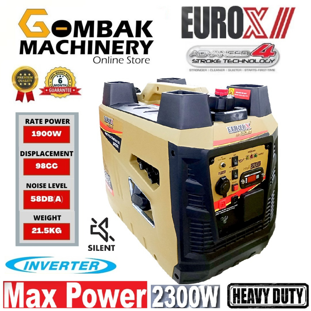 EUROX JI2300 Gold 4-stroke Portable Inverter Silent Generator 2300W - Heavy Duty - 6 Months ...