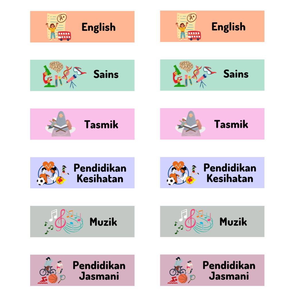[CUSTOM MADE] STICKER SUBJEK SEKOLAH ANAK & 5 HARI BAHASA INGGERIS DAN ...