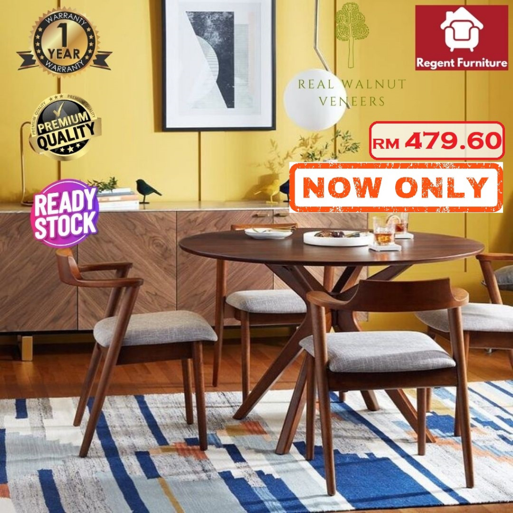 [Table Only] EVAN round dining table/ meja makan bulat with Real walnut ...