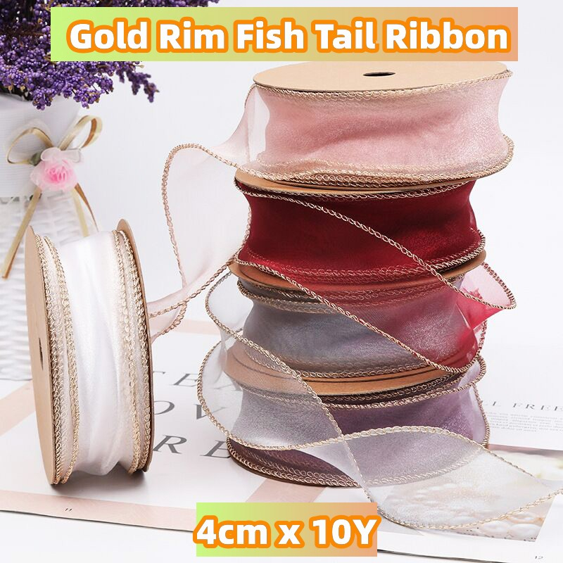 READY STOCK 4cm 10Y gold rim Fish tail ribbon Gold Egde Wave Lace ...