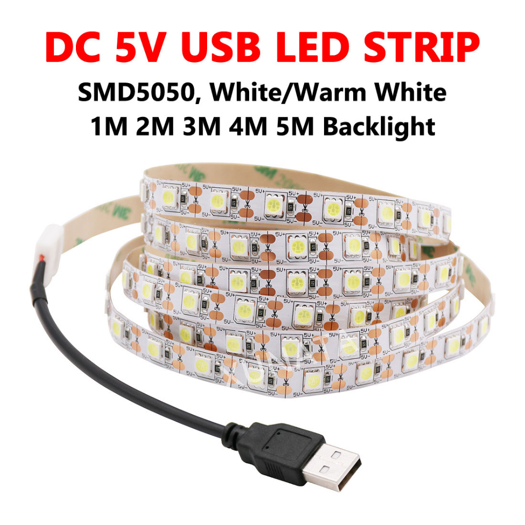USB DC 5V LED Strip Light White, Warm White 1M, 2M, 3M, 4M, 5M SMD 5050 Flexible LED TV ...