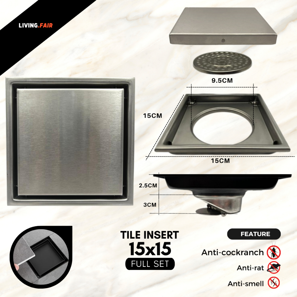 Living Fair 15cm/10cm Tile Insert Floor Trap Stainless Steel Anti ...