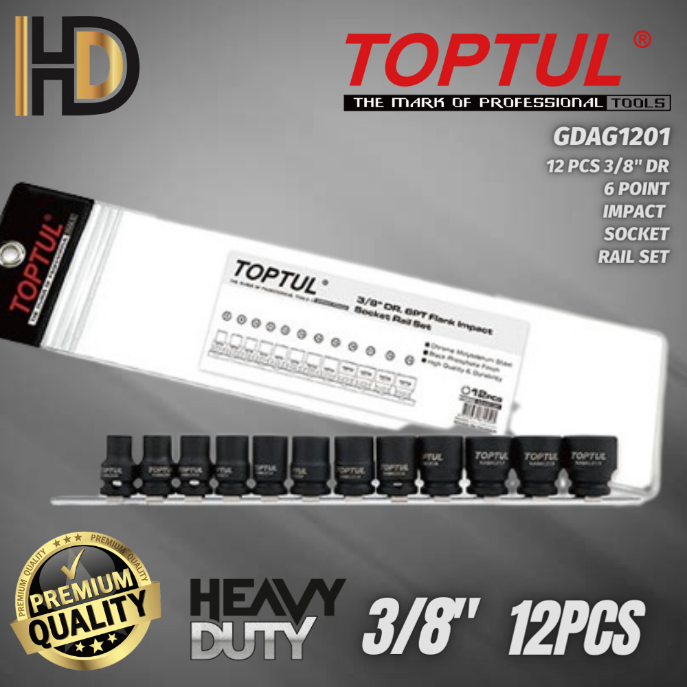 TOPTUL 12 Pcs 3/8" DR Impact Socket Rail Set 6 Point / Heavy Duty ...
