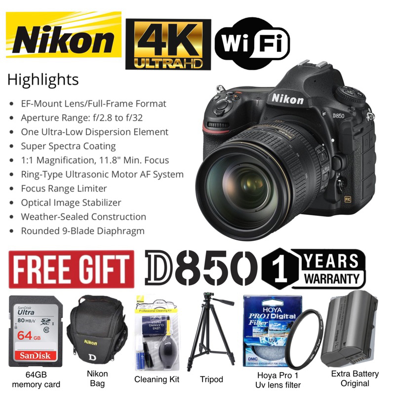 Nikon D850 24-120mm Full Frame 45.7MP WiFi Touch Screen 4K 153 AF point 51 Frame shooting 8K ...