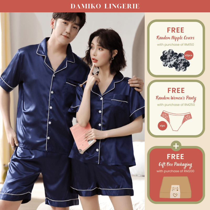 DAMIKO | CP01 Couple Satin Pyjamas Set - Navy Blue | Shopee Malaysia