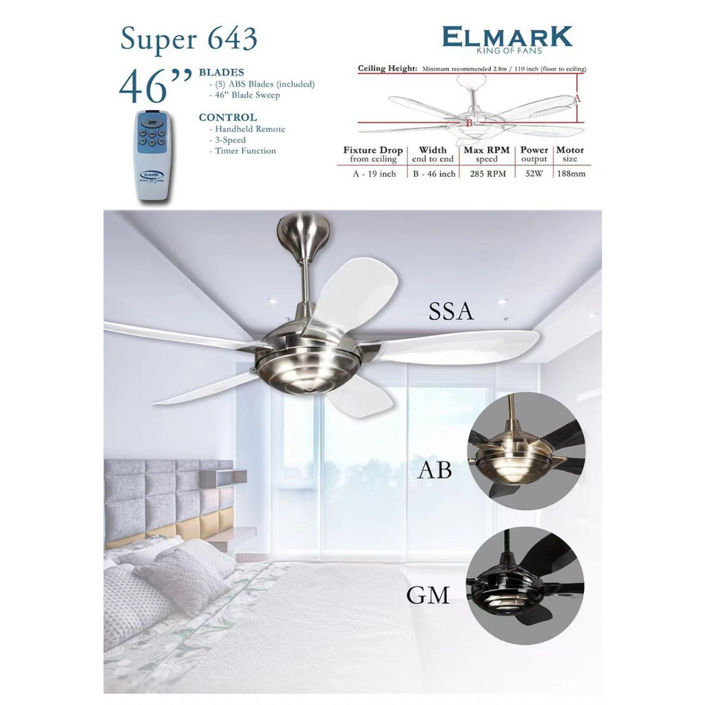 ELMARK Super 643 42'' 3/5 Blade Baby Fan Celling Fan With Lamp Free ...