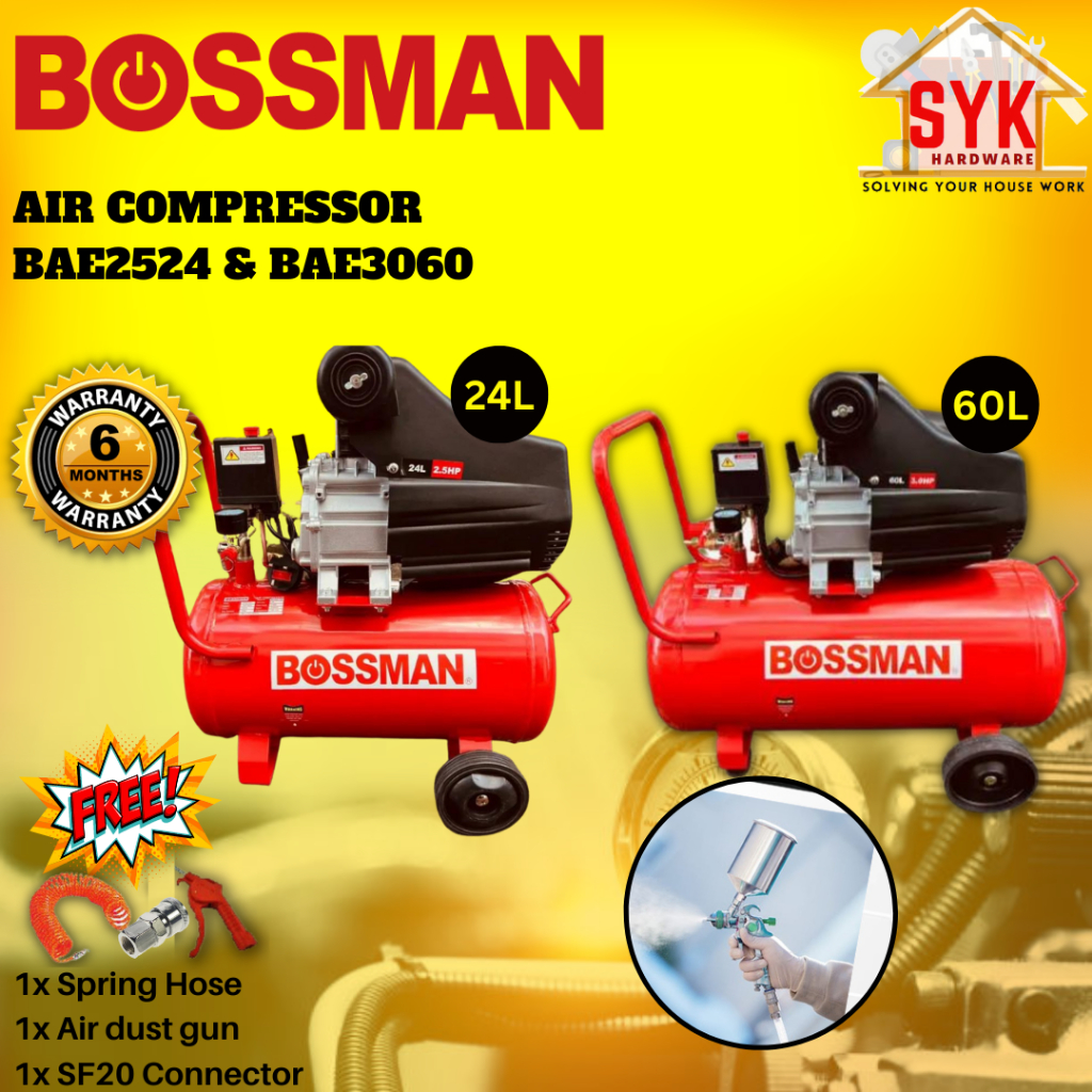 SYK Bossman BAE3060 BAE2524 Air Compressor Direct Driven Nail Gun Angin ...