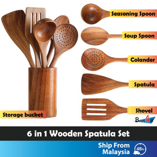 BEST4U 6pcs Wooden Kitchen Utensils Set | Teak Wood Spatula Set ...