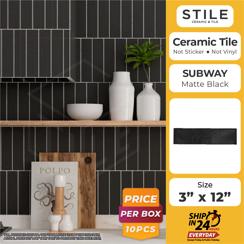 [REAL TILE] 10PCS SUBWAY MATTE BLACK MOSAIC TILES/MOZEK/CERAMIC TILES ...
