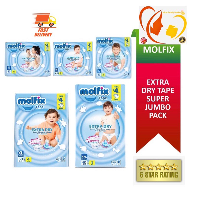 Molfix Extra Dry Diapers Tape S80/M60/L58/XL50/XXL40/XXXL20 | Shopee ...