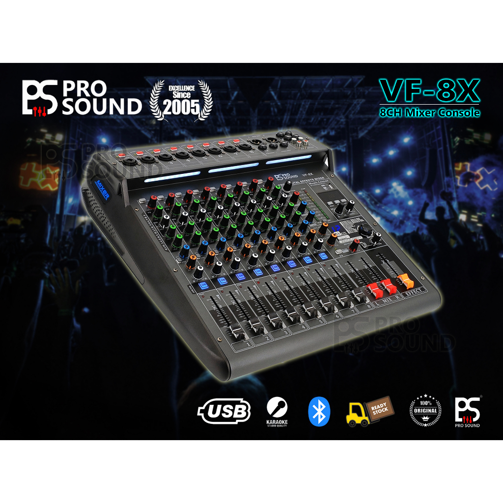 PS Pro Sound VF-8X, 8-Input Mixer with DSP Digital Echo Effects, 2 Aux ...