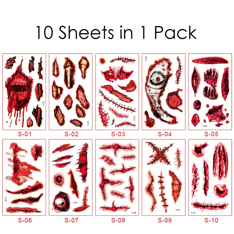 10 Sheets [Halloween Scar] Tattoo Sticker Waterproof Sweat Horror ...