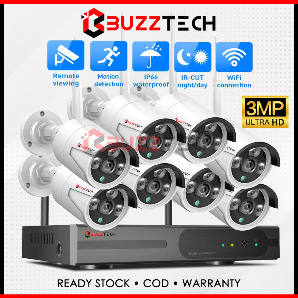 BuzzTech 8CH Wireless NVR CCTV 3MP H.265 Full HD 1296P Outdoor IP Camera DVR Kit CCTV Set 8 ...