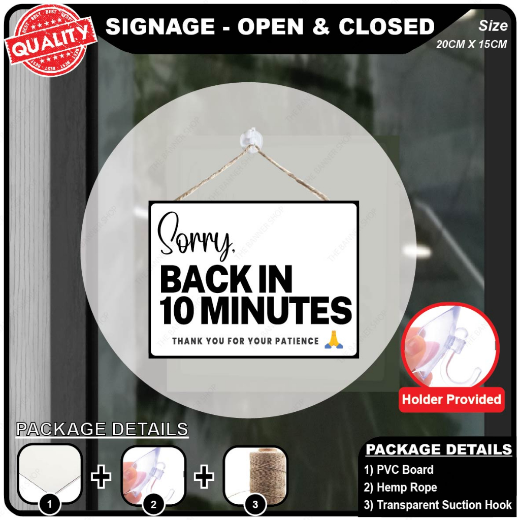 Open Close Sign Signage,Solat Sebentar, Sorry Back in 10 Minutes PVC ...