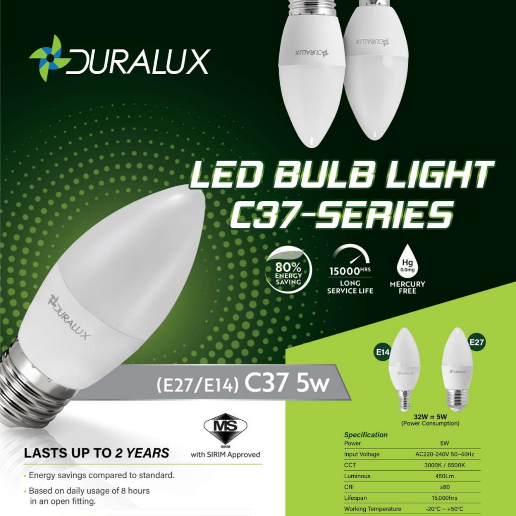 DURALUX SIRIM 5W LED C37 CANDLE BULB E14/E27 DAYLIGHT/WARMWHITE ...