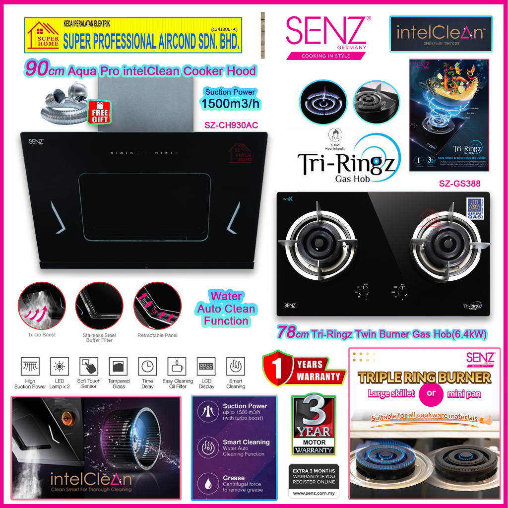 Senz Hood SZ-CH930AC Aqua Pro intelClean MultiHood / Senz Built-in Hob ...
