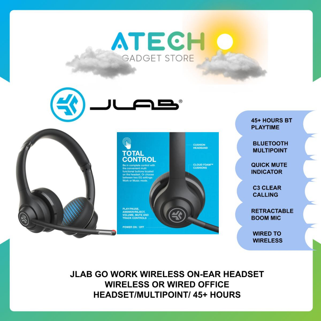 JLAB Go Work Wireless / Wired On-Ear Bluetooth Headset up to 45+ Hours ...