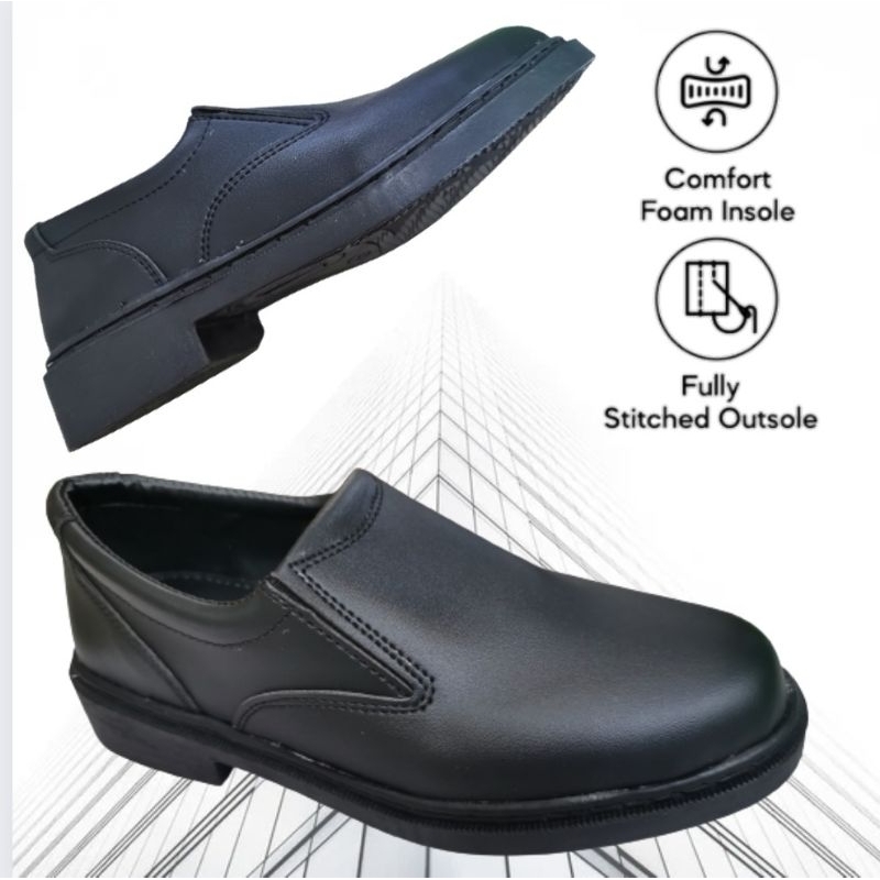 Kasut Hitam PU Leather Berjahit/Kasut Kilat Hitam Security Bertali ...