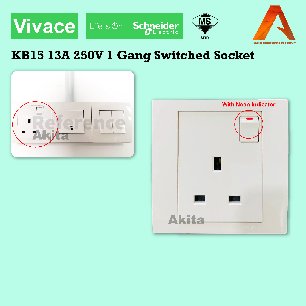 Schneider Vivace White KB15 13A 250V 1 Gang Outlet Switch Socket Sirim ...