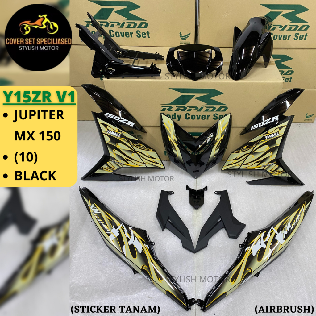 (STICKER TANAM/AIRBRUSH) RAPIDO COVER SET YAMAHA Y15 Y15ZR V1/V2 JUPITER MX 150 (10) BLACK ...