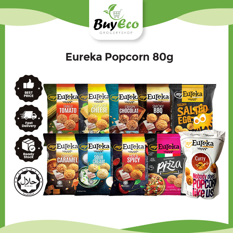 HALAL Eureka Popcorn Cheese,Caramel,Spicy Favou Snack 80g Caramel ...