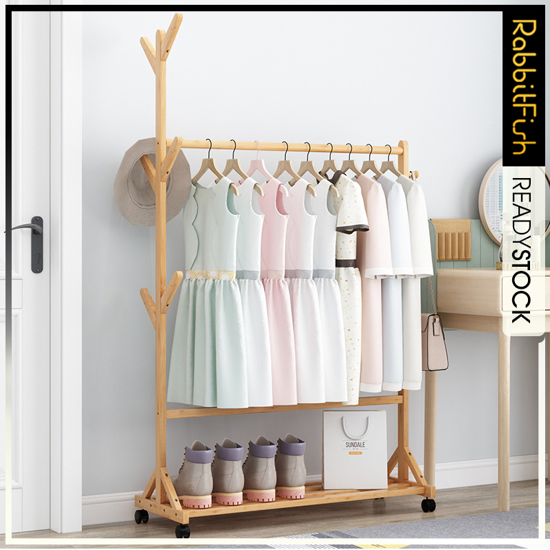 Solid Bamboo floor clothing rack with wheels hat rack bedroom furniture ...