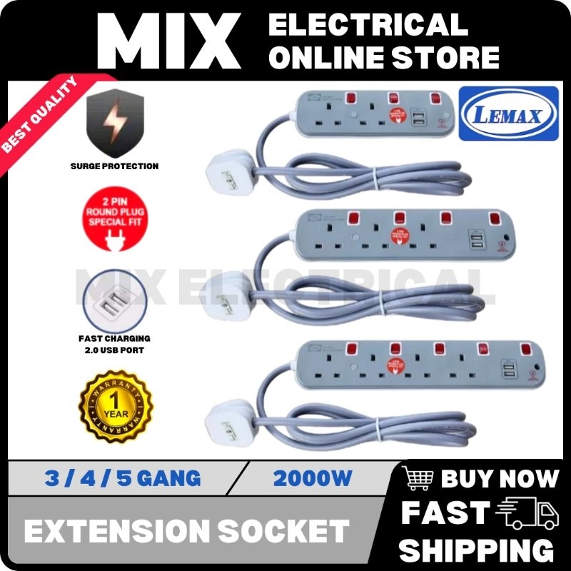 LEMAX 2 3 4 USB Extension Socket [SIRIM Plug Top] Surge Protection Fast ...
