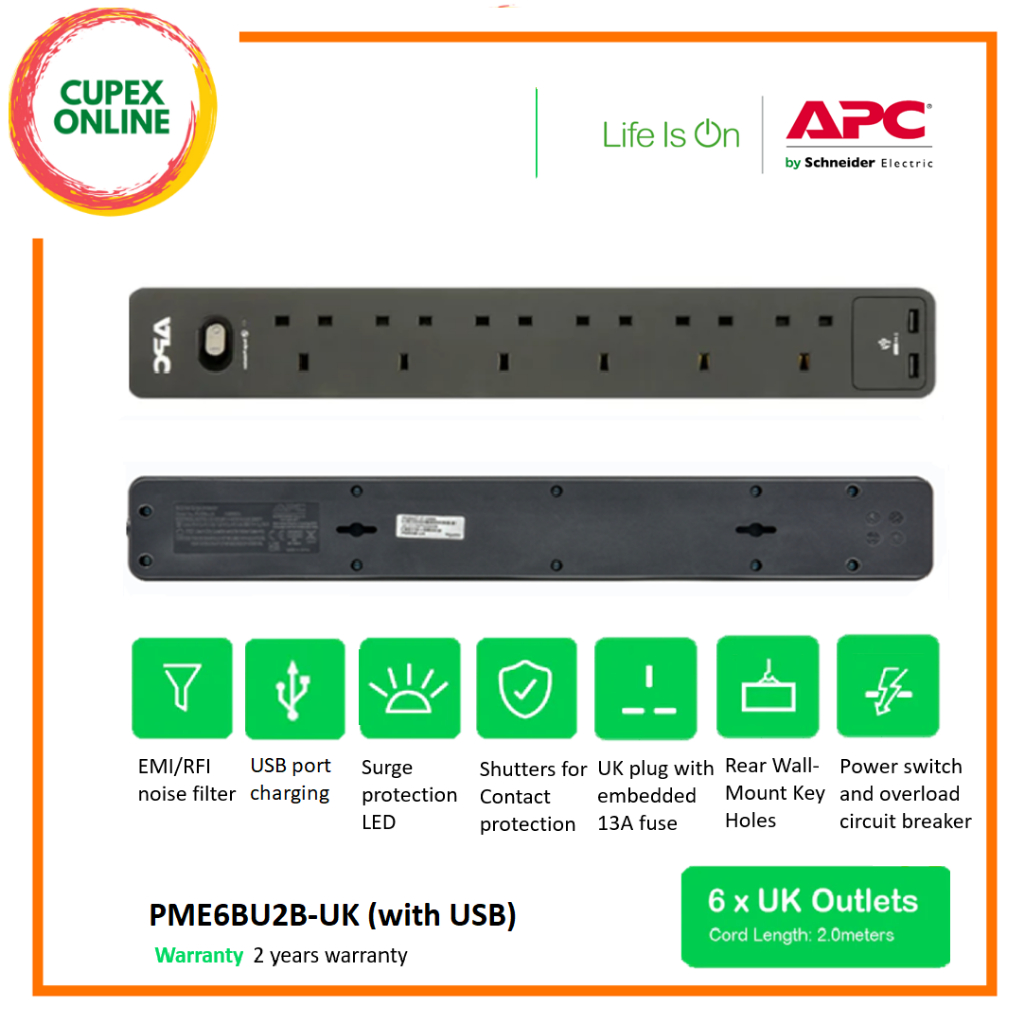APC Surge Protector Socket Extension Cord 6 UK Plug Outlets PME6UK ...