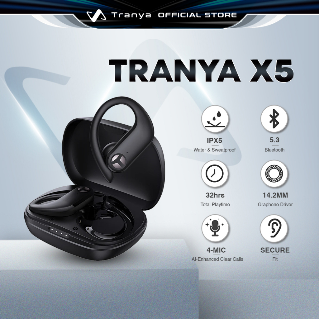 Tranya X5 Bluetooth 5.3 True Wireless Sports Earbuds with Ear Hook, IPX5 Waterproof Over-Ear ...