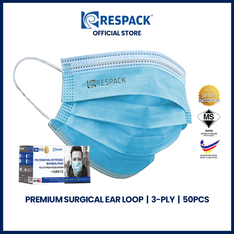 RESPACK 3-Ply Premium Surgical Face Mask (Blue) | 50 pcs Earloop ...