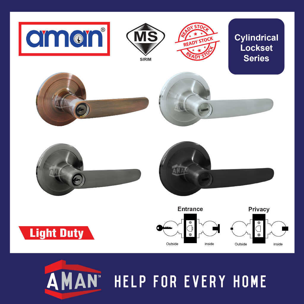 AMAN Light Duty Tubular Lever Lock Entrance Privacy Level Handle Door Lock Hardware Tombol Pintu ...