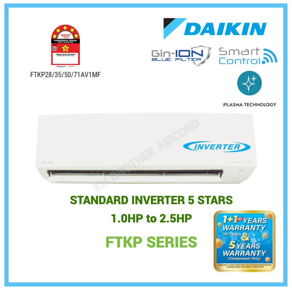 DAIKIN Standard Inverter Air-Conditioner 1.0hp to 2.5HP, 5 Stars Inverter (Complete Set Indoor ...