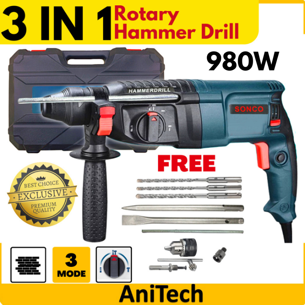 SONCO 980W Rotary Hammer Power Impact Drill 3 Mode in 1 With Handle ...