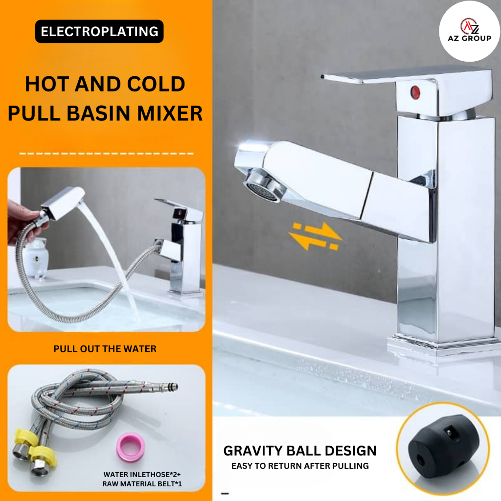 AZGROUP Silver Pull Out Square Head Water Sink Tap Nozzle Faucet With ...