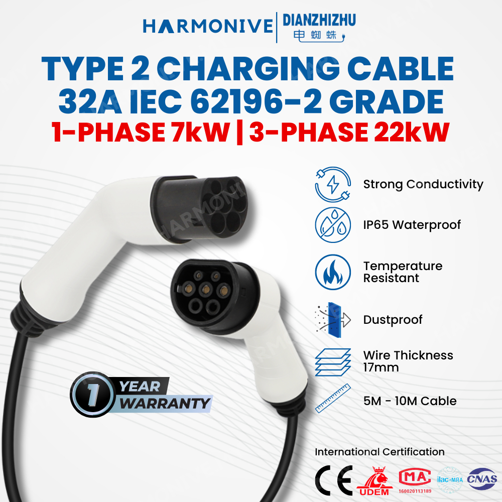 EV Charging Cable Type 2 32A 1-Phase 7kW 3-Phase 22kW | 5 to 10Meters ...