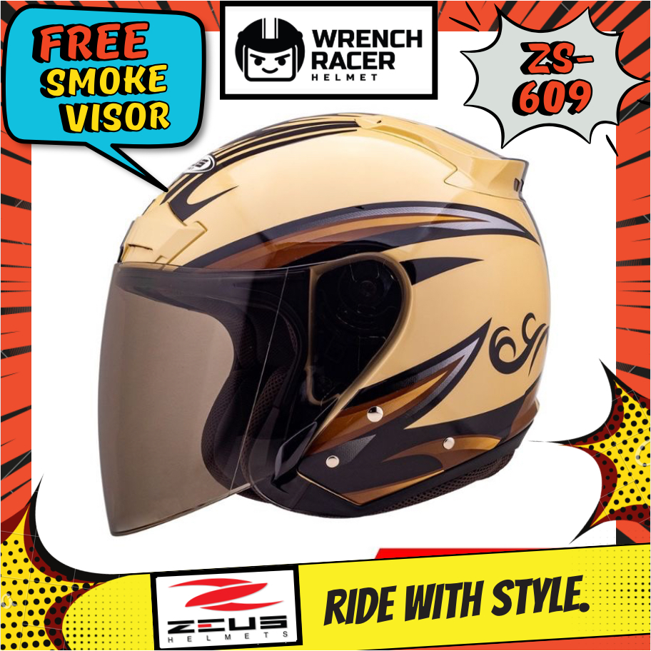 ZEUS Open Face Helmet ZS-609 With Smoke Visor - Metallic Brown Khaki ...