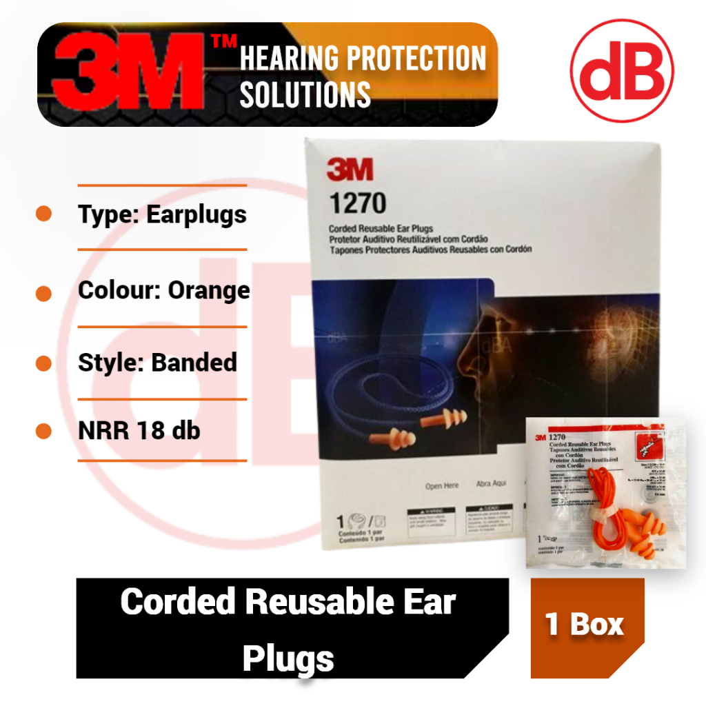 3M 1270 Corded Reusable Ear Plugs (Box=100)- (ear protection) | Shopee ...