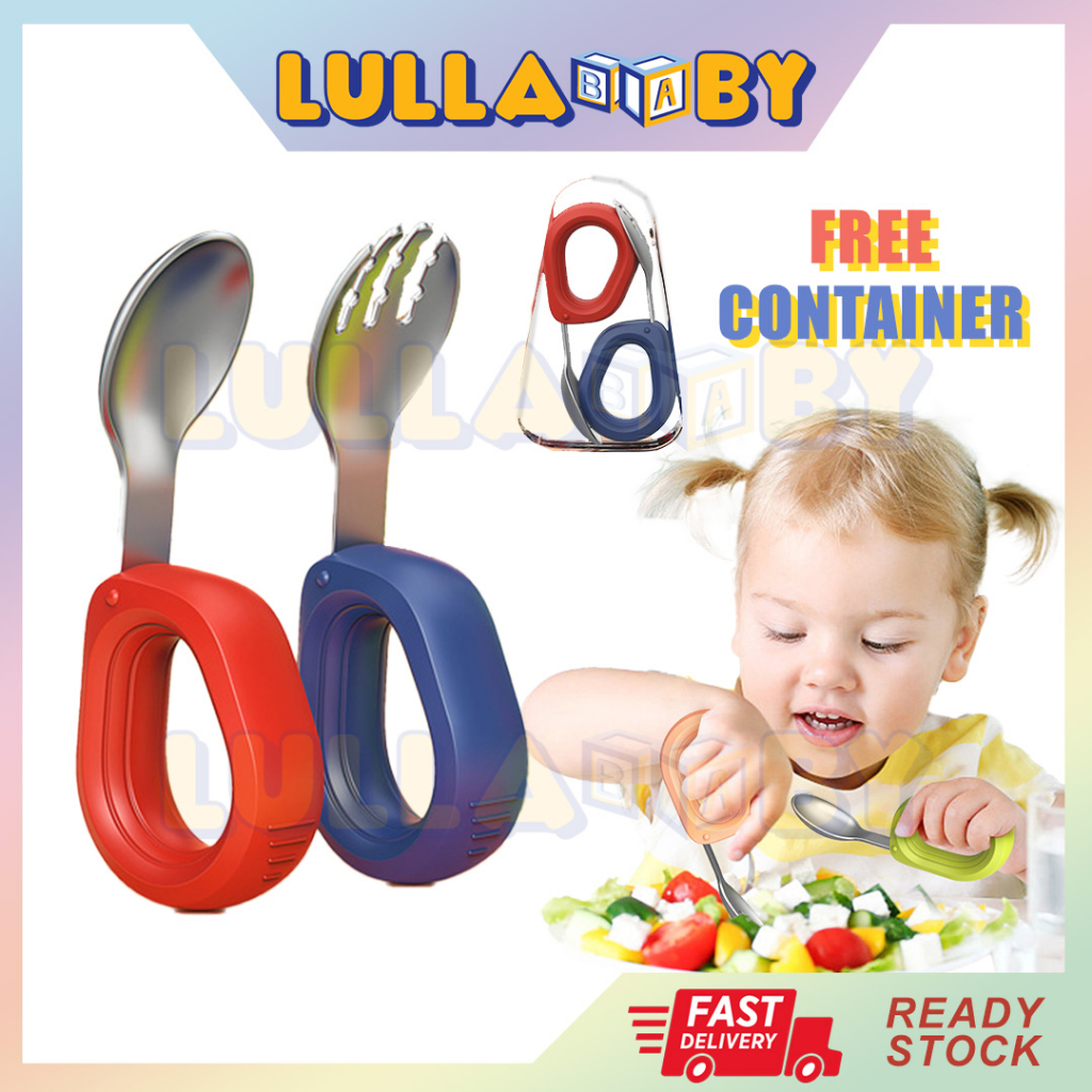 2PC Baby Curved Learning Stainless Steel Spoon Fork Set Feeding Spoon ...