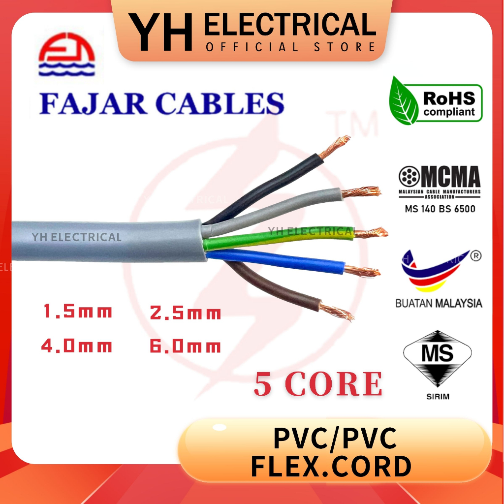 1.0mm 1.5mm 2.5mm 4mm x 5Core PVC/PVC FLEXIBLE CABLE (Grey) Pure Copper Cable 300/500V Kabel ...