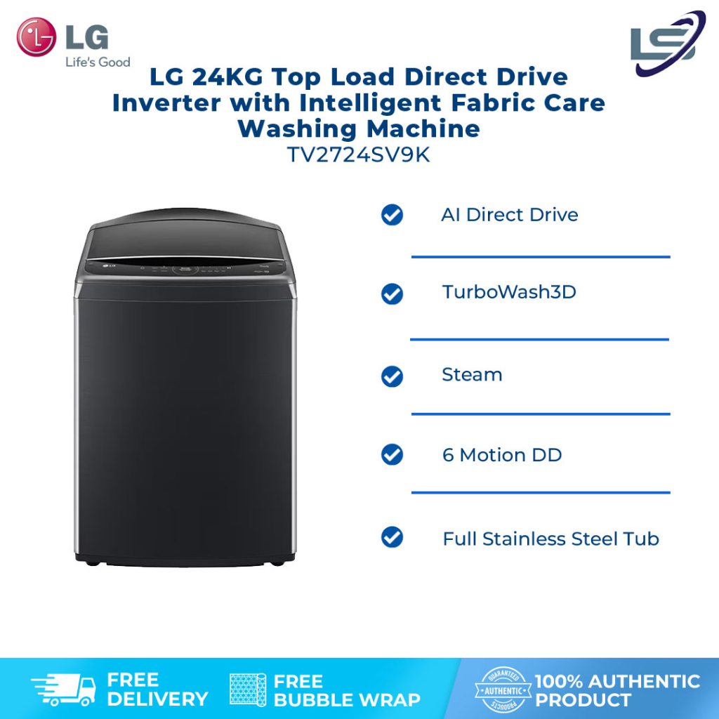 LG 24KG Top Load Direct Drive Inverter with Intelligent Fabric Care Washing Machine TV2724SV9K ...
