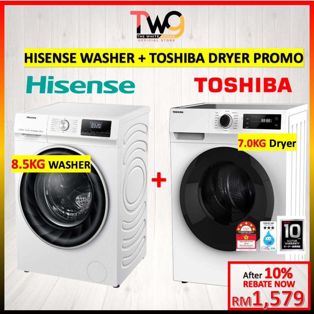 [Secure Delivery] COMBO HISENSE 8.5KG Front Loading Washer + 7KG Dryer Package Bundle WF3Q8573BW ...