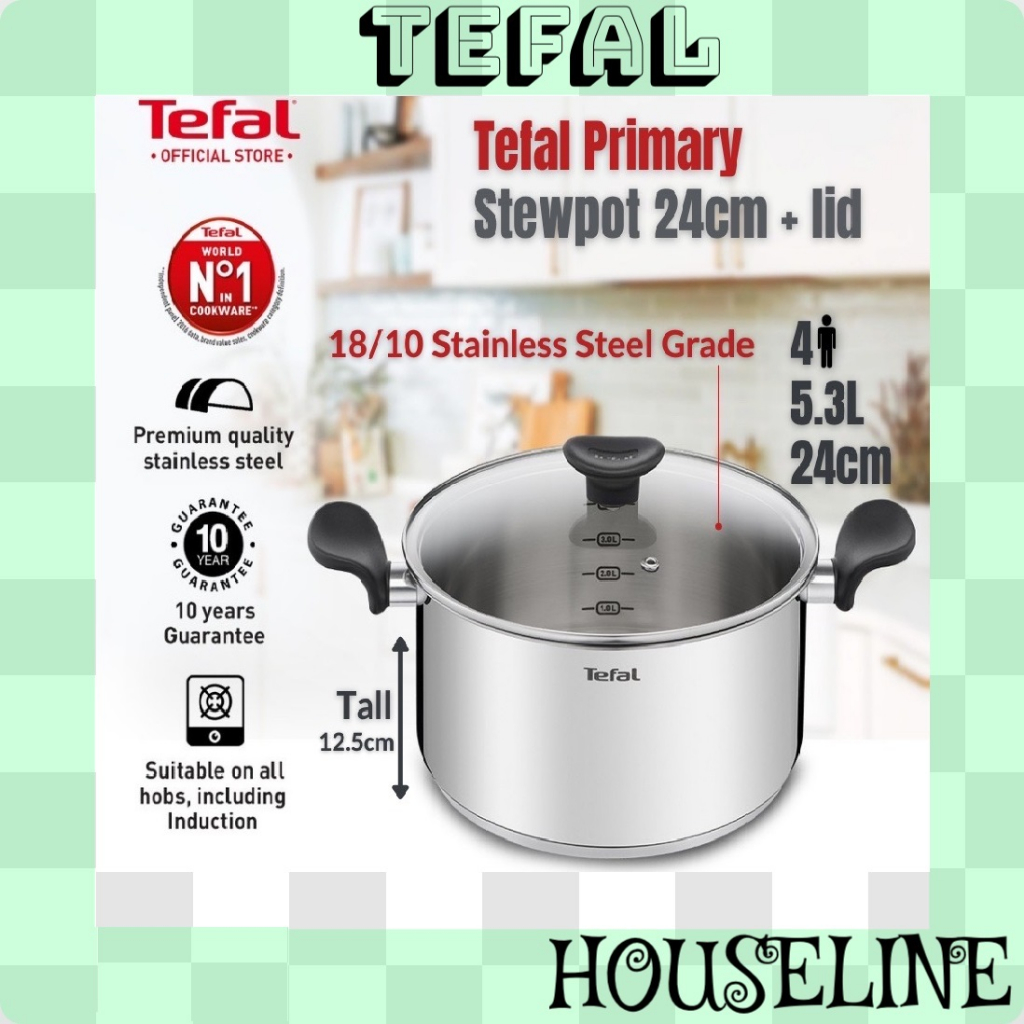 (4.4 SALES!!) Tefal Stainless Steel Pot Stewpot PRIMARY w/Lid (24cm) 5.3L E3084604 | Shopee Malaysia