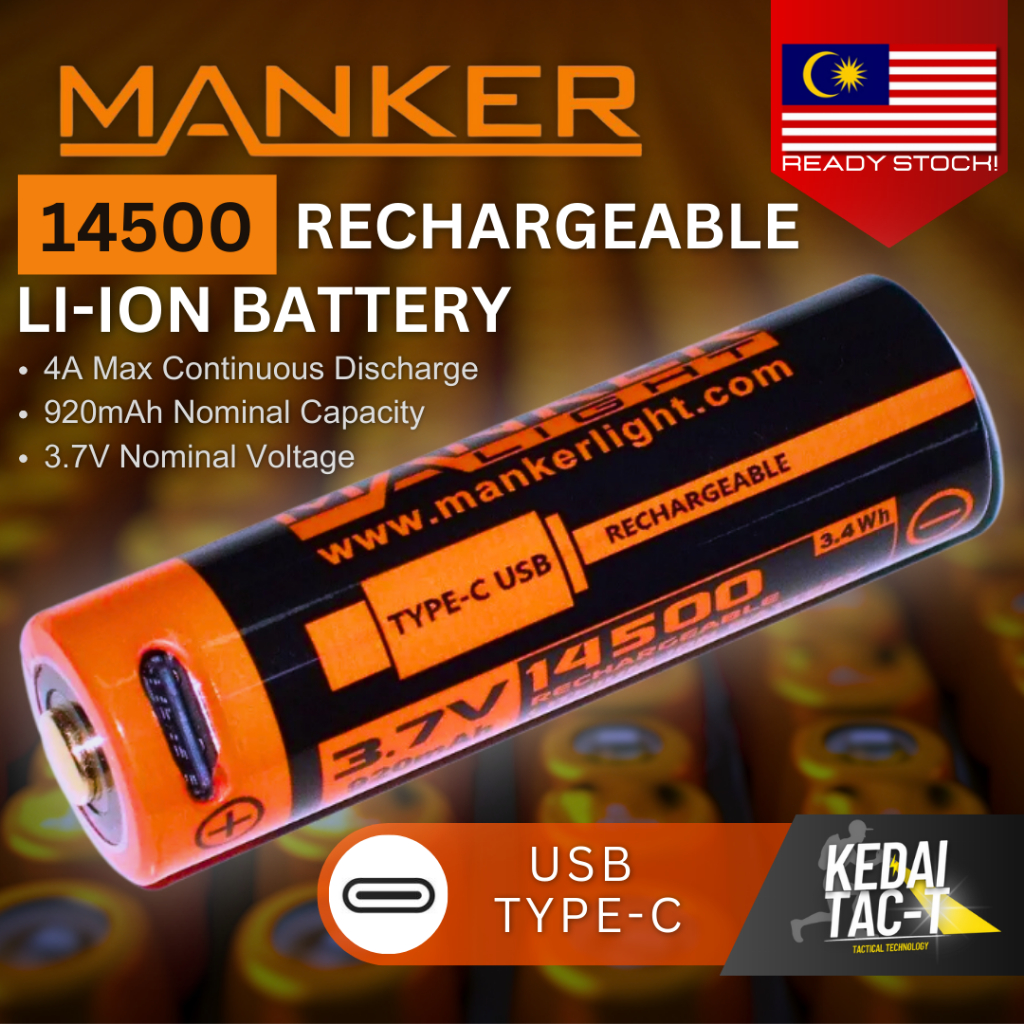 MANKER 14500 - 920mAh 4A 3.7V Type-C Rechargeable Li-ion Battery ...