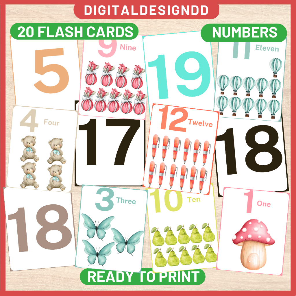 Number Digital PDF Flash Cards for baby kids toddler preschool Kad ...