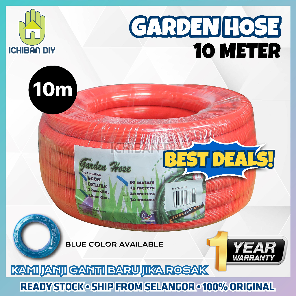 10m PVC Garden Hose Standard Size 16mm Orange Blue Water Pipe Rubber ...