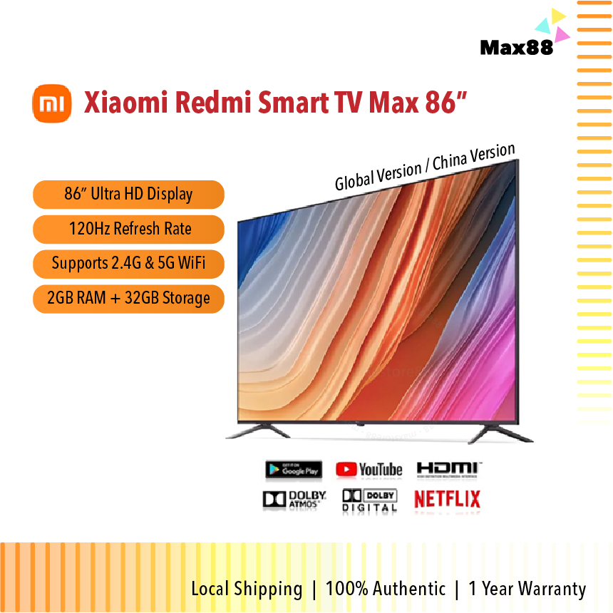 Xiaomi TV Max 86" | Redmi Max 85" Smart LED 4K Android TV 144Hz UHD HDR ...
