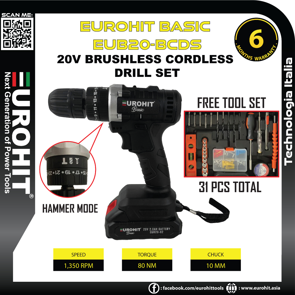 Eurohit Basic EUB20-BCDS Cordless Drill Driver | Hammer Drill | Skru ...